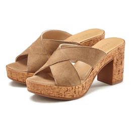 Lascana Damen Lascana Pantolette &raquo;Sommerschuh, offener Schuh, Sandalette, Mule,&laquo; aus Leder mit Blockabsatz in Kork-Optik beige 42