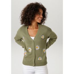 Aniston Casual Damen Aniston CASUAL Strickjacke mit aufgestickten Margeriten verziert gr&uuml;n 40