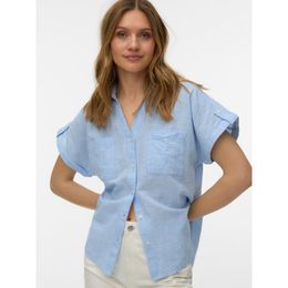 V&eacute;ro Moda Vero Moda Damen Kurzarmbluse &raquo;VMTHILDE SS SHIRT WVN NOOS&laquo; Baumwolle, Kurzarm mit Riegel, hinten etwas l&auml;nger als vorn blau XS
