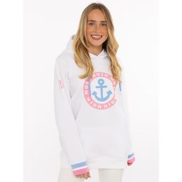 Zwillingsherz Damen Hoodie, Langarm, Kapuze, Neon-Details, Kordelzug, Frontprint, K&auml;ngurutasche wei&szlig; L/XL (L/XL)