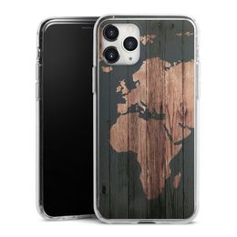 DeinDesign iPhone 11 Pro Max Handy Silikon H&uuml;lle Case transparent Handyh&uuml;lle Wooden Look Map World Map Silikon Case