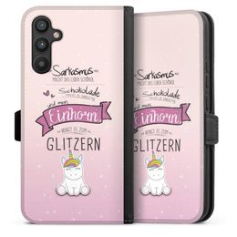 DeinDesign Galaxy A34 5G Handy Klapph&uuml;lle Handyh&uuml;lle aus Kunst Leder schwarz Flip Case Glitzer Statement Einhorn Sideflip mit Lasche