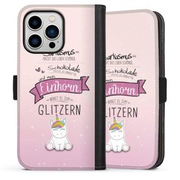 DeinDesign iPhone 13 Pro Handy Klapph&uuml;lle Handyh&uuml;lle aus Kunst Leder schwarz Flip Case Glitzer Statement Einhorn Sideflip mit Lasche