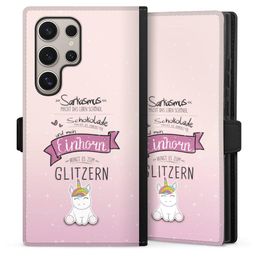 DeinDesign Galaxy S24 Ultra Handy Klapph&uuml;lle Handyh&uuml;lle aus Kunst Leder schwarz Flip Case Glitzer Statement Einhorn Sideflip mit Lasche