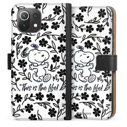 DeinDesign Xiaomi Mi 11 Lite 5G Handy Klapph&uuml;lle Handyh&uuml;lle aus Kunst Leder schwarz Flip Case Peanuts Flowers Snoopy Sideflip mit langer Lasche
