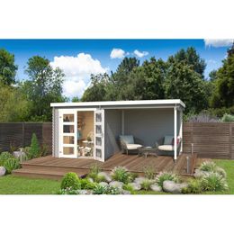 Lasita Maja Gartenhaus &raquo;Long Beach&laquo; Blockbohlenhaus 28mm mit Anbau grau Massivholz ohne Fu&szlig;boden, R&uuml;ckwand, ohne Dacheindeckung