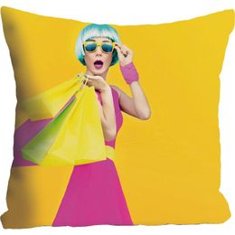 queence Dekokissen &raquo;Frau mit Einkaufst&uuml;ten&laquo; mit intensiven Farben, Kissenh&uuml;lle ohne F&uuml;llung, 1 St&uuml;ck bunt Polyester B/L: 40cm x 40cm, 1 Stk.