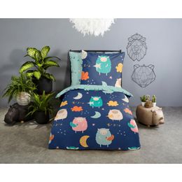 Good Morning Kinderbettw&auml;sche &raquo;Sheep Sleep&laquo; 2 Stk. Baumwolle, 135x200, Rei&szlig;verschluss, Wendeoptik, Kind, Schafe, Blau bunt Renforc&eacute;, Obermaterial: 100