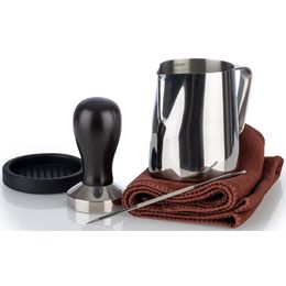 Barista-Set &raquo;Buddy ́s Bar - Barista Edition, Premium&laquo; Milchk&auml;nnchen 0,35 l, Kaffeestempel,Tamper, Kaffeenadel, Handtuch silber Edelstahl H/L/T: 10cm x