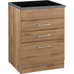KOCHSTATION Kochfeldumbauschrank &raquo;KS-Colmar&laquo; 60 cm, mit Metallgriff, 2 Schubk&auml;sten und 1 Auszug braun Holzwerkstoff wotaneiche, B/H/T: 60cm x 85cm x 