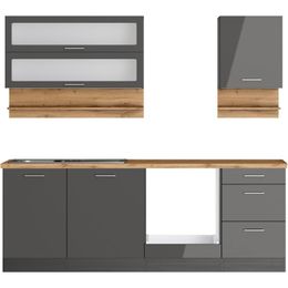 KOCHSTATION K&uuml;chenzeile &raquo;KS-Milan&laquo; 220 cm breit, robuste Metallausz&uuml;ge, viel Stauraum grau B/H/T: 220cm x 200cm x 60cm,mit Arbeitsplatte und Sp&uuml;le, 