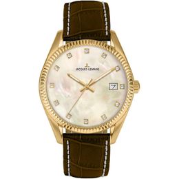 Jacques Lemans Damen Quarzuhr &raquo;Derby&laquo; Armbanduhr, Damen, analog, Datum, Perlmutt-Zifferblatt, Lederarmband schwarz Einheitsgr&ouml;&szlig;e