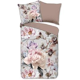 Descanso Wendebettw&auml;sche &raquo;Colinda&laquo; 2 Stk. Satin, Rei&szlig;verschluss, Paspel, Biese, Wendeoptik, Luxe, Blumen, grau beige Renforc&eacute;, Obermaterial: 100% Baumwolle B/L