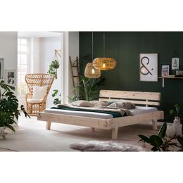 Salesfever Holzbett &raquo;F&uuml;gen Bett aus Naturholz&laquo; Massives Fichten-Balkenbett: Uriges Landhausdesign beige Liegefl&auml;che L&auml;nge B: 200cm x 140cm, H&ouml;he Bett:
