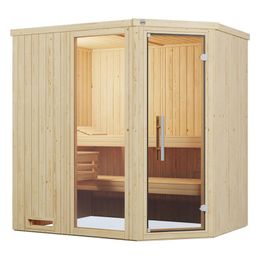 Weka Sauna &raquo;Element-Ecksauna VARBERG 1&laquo; vorgefertigte Elemente, Fensterelement, moderne Ganzglast&uuml;r beige Bio-Ofen, externe Steuerung, 4,5 kW