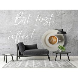 A.S. Cr&eacute;ation Vliestapete &raquo;Spruch Grau Wei&szlig; Fototapete &bdquo;But first, coffee!&ldquo;&laquo; matt glatt Vlies B/L: 2,5m x 3,75m, Rollen: 1