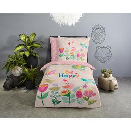 Good Morning Kinderbettw&auml;sche &raquo;Happily&laquo; 2 Stk. Baumwolle, Renforc&eacute;, Wendeoptik, Kind, M&auml;dchen, blumen, vogel rosa Renforc&eacute;, Obermaterial: 100% 