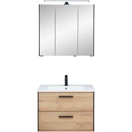 Badm&ouml;bel-Set &raquo;Quickset 395 2-teilig, Keramik-Waschtisch mit LED-Spiegelschrank&laquo; 2 Stk. tlg. braun Riviera Eiche quer Nachbildungmit schwarzem L-Profil
