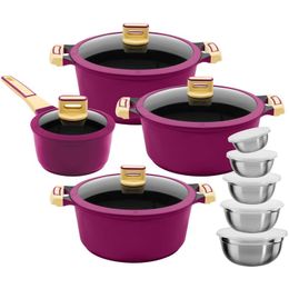 King Topf-Set Set, Kochtopf 18/20/24 cm, Stieltopf 16 cm, Sch&uuml;ssel-Set, 18 Stk. tlg. Aluminiumguss lila Einheitsgr&ouml;&szlig;e