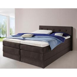 Hapo Boxspringbett mit Bettkasten braun Kopfteil, seitliche Unterbox und Obermatratze sind mit pflegeleichtem Feinstrukturstoff in Leinenoptik (100% 