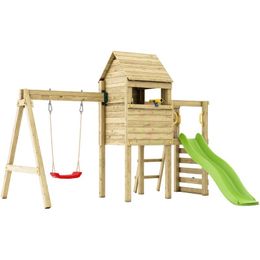 Fungoo Spielturm &raquo;LUOMI&laquo; mit Haus, Kletterwand, Rutsche und Schaukel fur Kinder braun FSC -zertifizierter Massivholz, Metall, Polyethylen 