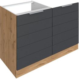 KOCHSTATION Sp&uuml;lenschrank &raquo;KS-Luhe&laquo; 120 cm breit, hochwertige MDF-Fronten mit waagerechter Lisene grau MDF wotaneiche, B/H/T: 120cm x 82cm x 60cm, 