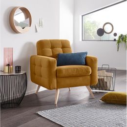 exxpo - sofa fashion Sessel &raquo;Nappa, Loungesessel, aktuelle R&uuml;ckensteppung, bequem und modern&laquo; hoher Holzfu&szlig; gelb Samtvelours (100% Polyester);