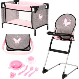 BAYER Puppenbett &raquo;Puppen-Reisebett-Set&laquo; inklusive Hochstuhl, Tasche, Teller, Trinkbecher, Besteck u. Schnuller rosa Einheitsgr&ouml;&szlig;e Puppenbett