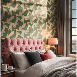 Livingwalls living walls Vliestapete &raquo;Vibes & Styles Isabelle &ndash; Golden Canopy Vliestapete&laquo; gl&auml;nzend leicht strukturiert Gro&szlig;fl&auml;chiges Blattdesign mit feiner 