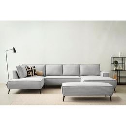 OTTO home Wohnlandschaft &raquo;TVINNU Cord, 354 cm, mit Hocker&laquo; Recamiere rechts/links, stellbar zum Schlafsofa (Krokodilverbinder) grau B/H/T: 354cm x 