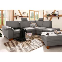 OTTO home Ecksofa &raquo;Husum L-Form&laquo; mit Sitztiefenverstellung, Federkern-Polsterung und Kontrastnaht grau Luxus-Microfaser mit Druck (100% Polyester);