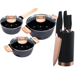 King Topf-Set &raquo;&raquo;ESSENTIAL&laquo; Aluminiumguss, Induktion, Antihaftbeschichtung&laquo; Set, 2 T&ouml;pfe, 1 Stieltopf, 3 Glasdeckel, 12 Stk. tlg. Aluminiumguss schwarz
