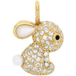 Amor Damen Kettenanh&auml;nger &raquo;Hase&laquo; mit Katzenauge (echt), Zirkonia (synth.), - Muschelkernperle - Emaille schwarz-wei&szlig; Perlen Silber 925 (Sterlingsilber