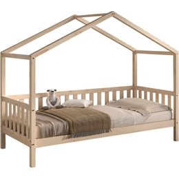 Vipack Hausbett &raquo;Dallas, Massivholzbett mit Dachaufbau umbaubar vom Boden- zum Daybett&laquo; inkl. Rolllattenrost und Sprossenumrandung, 90 oder 140x200 cm breit,
