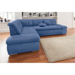 DOMO collection Ecksofa &raquo;NMORIC inkl. Zierkissen 273x216x80 cm L-Form&laquo; Ottomanen-Abschluss, wahlweise mit Bettfunktion und Armlehnverstellung blau 