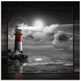 Artland Glasbild &raquo;Leuchtturm und Segelschiff im Mondschein&laquo; K&uuml;ste 1 Stk. tlg. in verschiedenen Gr&ouml;&szlig;en schwarz B/H/T: 50cm x 50cm, Glasbild K&uuml;ste quadratisch, 