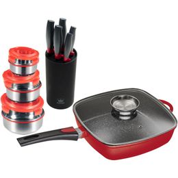 King Pfannen-Set &raquo;Square&laquo; Aluminiumguss Set, 1x Eckpfanne 28x28 cm, 10 Stk. tlg. Eckpfanne, Messerblock, 5 Kochmesser, 3tlg. Dosen-Set, Induktion rot 