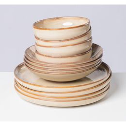 gipfelst&uuml;ck Tafelservice &raquo;Teller Set, Geschirr-Set, Service Nebelwald&laquo; Scandi-Style, jedes St&uuml;ck ein Unikat, 12 Teile, f&uuml;r 4 Personen beige Steinzeug 