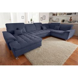 DOMO collection Wohnlandschaft &raquo;FRANZI 344x206x81 cm, elegant, komfortabel&laquo; U-Form, Recamiere links, marine, B/T: 344/206 cm blau Flachgewebe (100% 