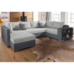 Collection AB Wohnlandschaft &raquo;John U-Form, B: 294 cm&laquo; Schlaffunktion, Bettkasten, Regalelement & 2 Zierkissen, Federkern grau Kunstleder SOFTLUX / 