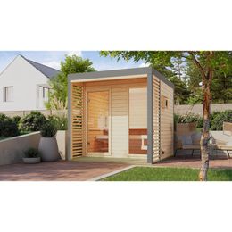 Karibu Saunahaus &raquo;"Adrian 2" naturbelassen-graualuminium&laquo; W&auml;nde aus nordischer Fichte, Stahlecken und Stahl-Dachabschluss beige Saunaofen, externe Steuerung,