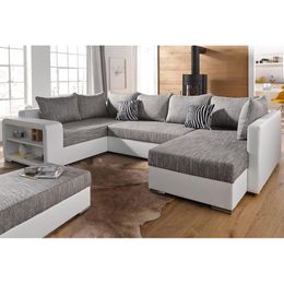 Collection AB Wohnlandschaft &raquo;John U-Form, B: 294 cm&laquo; Schlaffunktion, Bettkasten, Regalelement & 2 Zierkissen, Federkern grau Kunstleder SOFTLUX / 