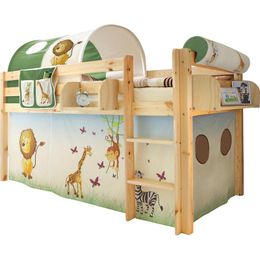 Ticaa Hochbett &raquo;Malte&laquo; mit Rollrost und in verschiedenen Ausf&uuml;hrungen wahlweise mit Matratze beige Mit Vorhang, Liegefl&auml;che B/L: 90cm x 200cm, kein 