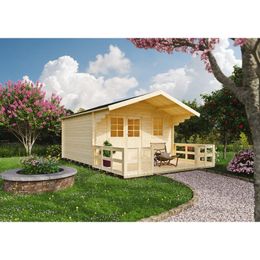 Konifera Gartenhaus &raquo;Kallenberg 3&laquo; mit Vordach und Terrasse beige Holzwerkstoff Fu&szlig;boden im Gartenhaus, Dachschindeln