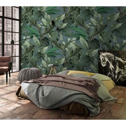 marburg Fototapete &raquo;Leaves&laquo; Motiv botanisch texturiert moderne Tapete f&uuml;r Wohnzimmer Schlafzimmer K&uuml;che blau Vlies B/L: 1,59m x 2,7m, Rollen: 1