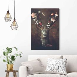 Reinders Wandbild &raquo;Hirsch Romantisch - Kolibri - Schmetterling - Blumenkranz&laquo; Hirsche 1 Stk. tlg. braun MDF B/H/T: 60cm x 90cm, Hirsche, 1 Stk.