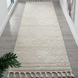 OTTO home Teppich &raquo;Bonvo&laquo; rechteckig 19 mm H&ouml;he mit Fransen, Hoch-Tief-Struktur, Wohnzimmer, Schlafzimmer, Boho-Style beige Kunstfaser B : 80cm 1 Stk.
