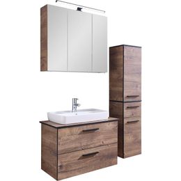 Badm&ouml;bel-Set &raquo;Quickset 374 3-teilig, Keramik-Aufsatzbecken und LED-Spiegelschrank&laquo; 6 Stk. tlg. braun Holzwerkstoff B/H/T: 75cmcm x 200cmcm x 44,5cmcm
