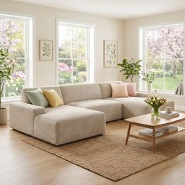 Trendmanufaktur Wohnlandschaft &raquo;Wien, wahlweise mit Sitzvorschub und Bettkasten, Breite 329 cm&laquo; U-Form, in trendigem Cordstoff beige 92%Polyester, 8%