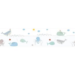 A.S. Cr&eacute;ation Bord&uuml;re &raquo;Ocean Party&laquo; Motiv abstrakt naturalistisch glatt Tapete Kinder Bord&uuml;re Wale Fische Borte Wohnzimmer Design Kinderzimmer blau Papier B/L: 
